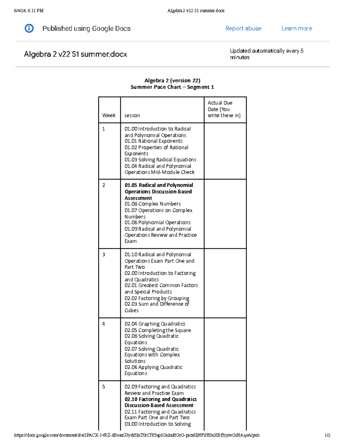 Algebra 2 v22 S1 summer - Algebra 2 (version 22) Summer Pace Chart ...