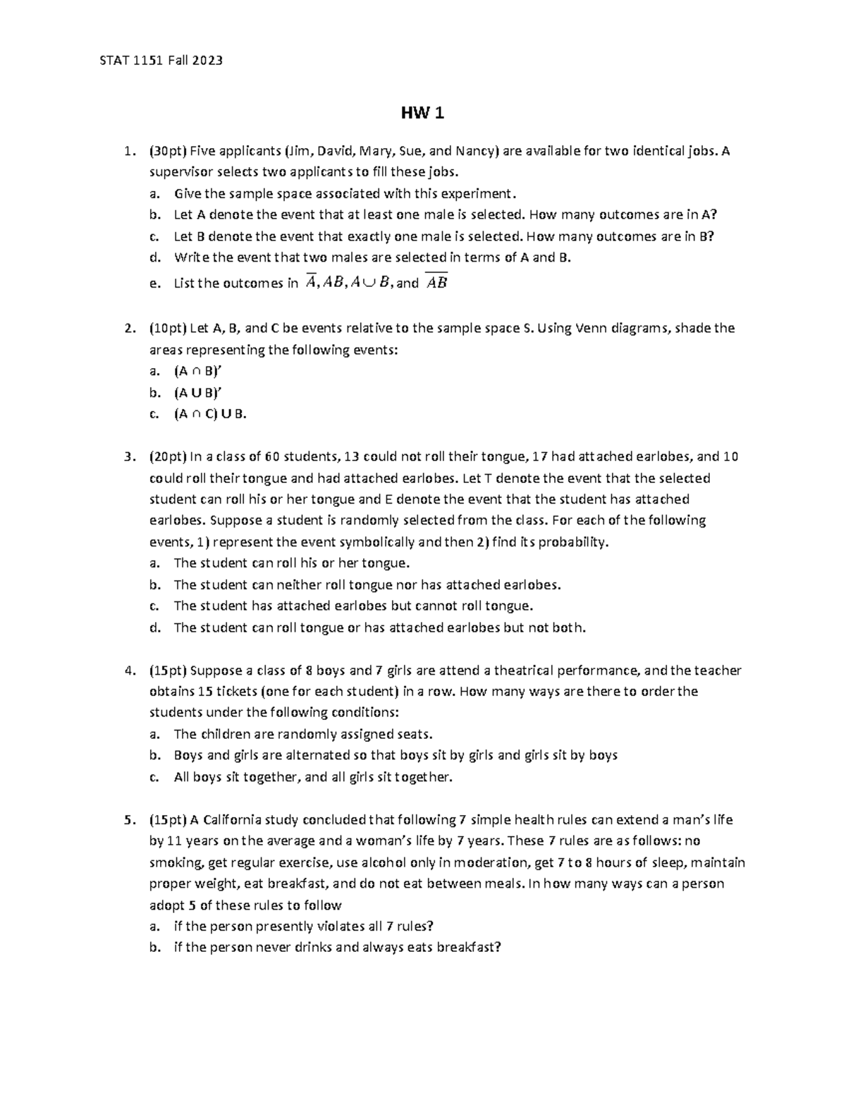HW1 - hw1 - STAT 1151 Fall 2023 HW 1 (30pt) Five applicants (Jim, David, Mary, Sue, and Nancy ...