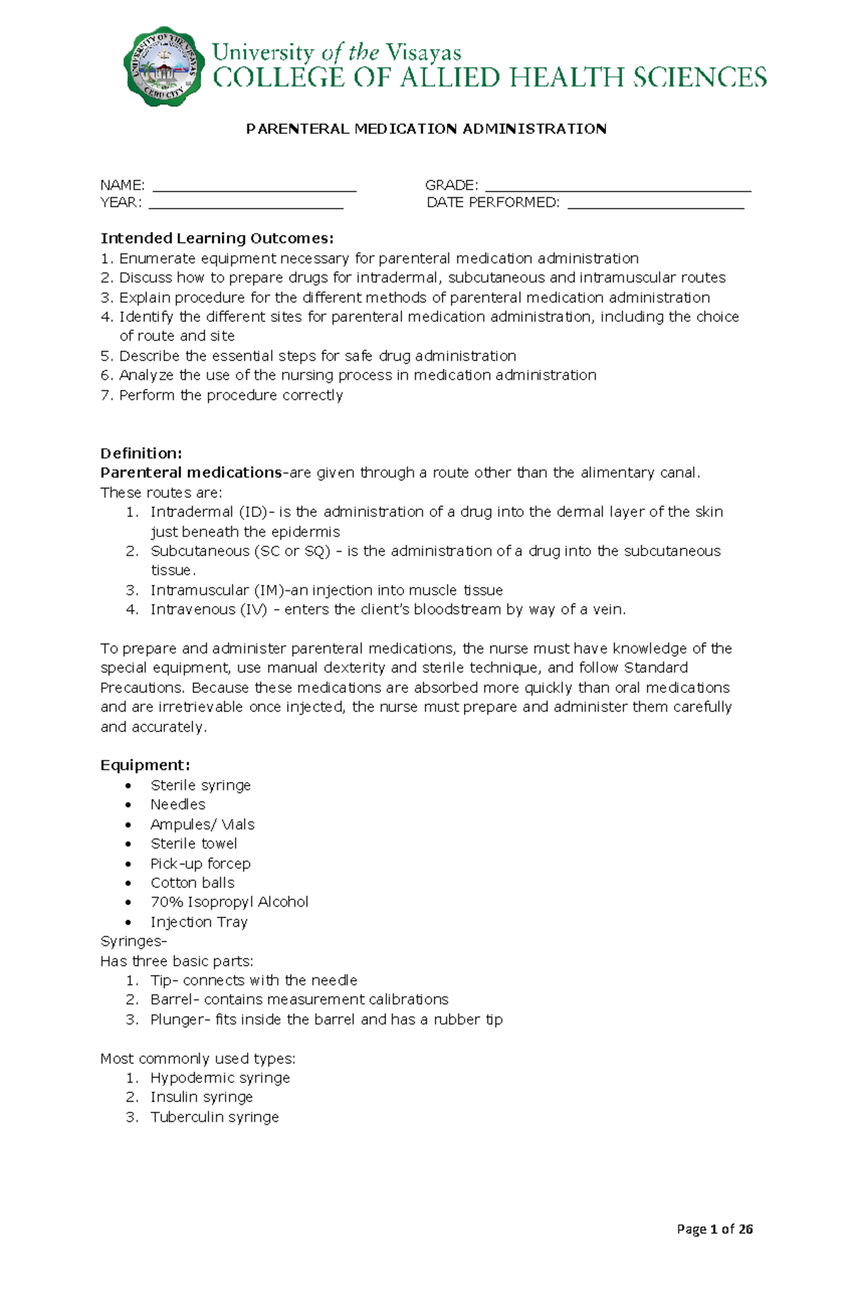 Medication- Procedure - PARENTERAL MEDICATION ADMINISTRATION NAME