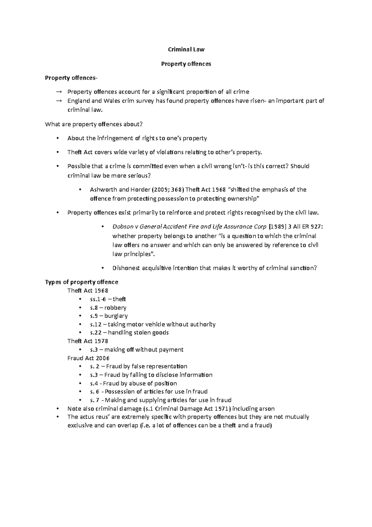 Topic 7- Property offences - Criminal Law Property offences Property ...