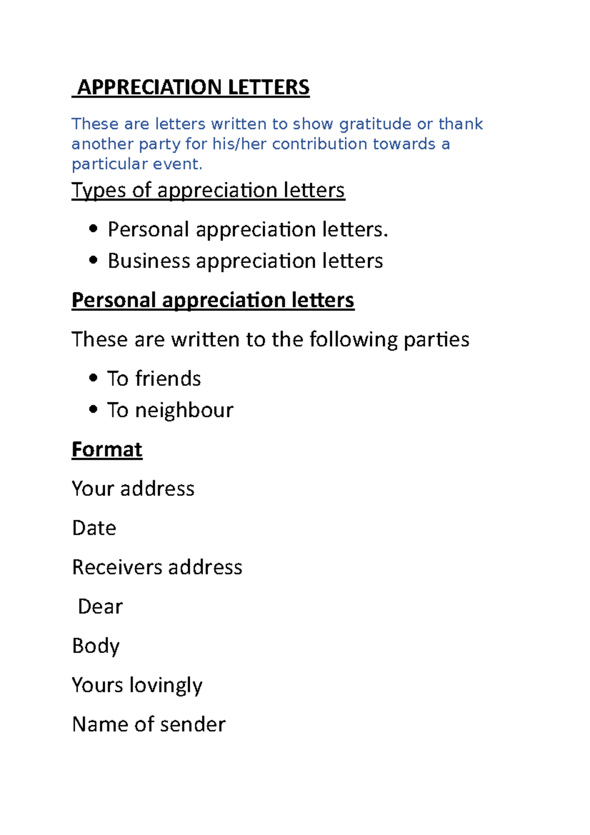 Appreciation letters - Lecture notes 7 - APPRECIATION LETTERS These are ...