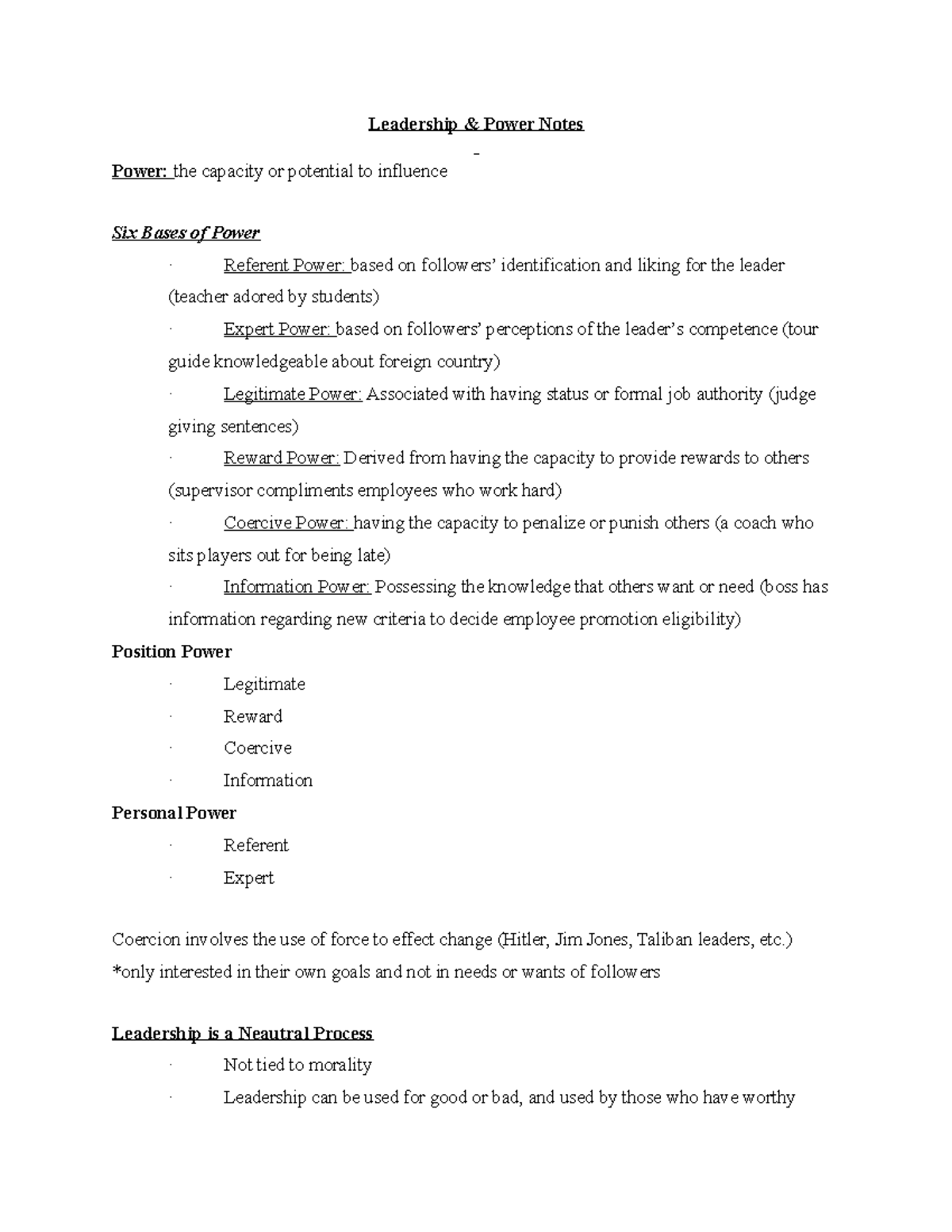 Leadership and Power - Leadership & Power Notes Power: the capacity or ...