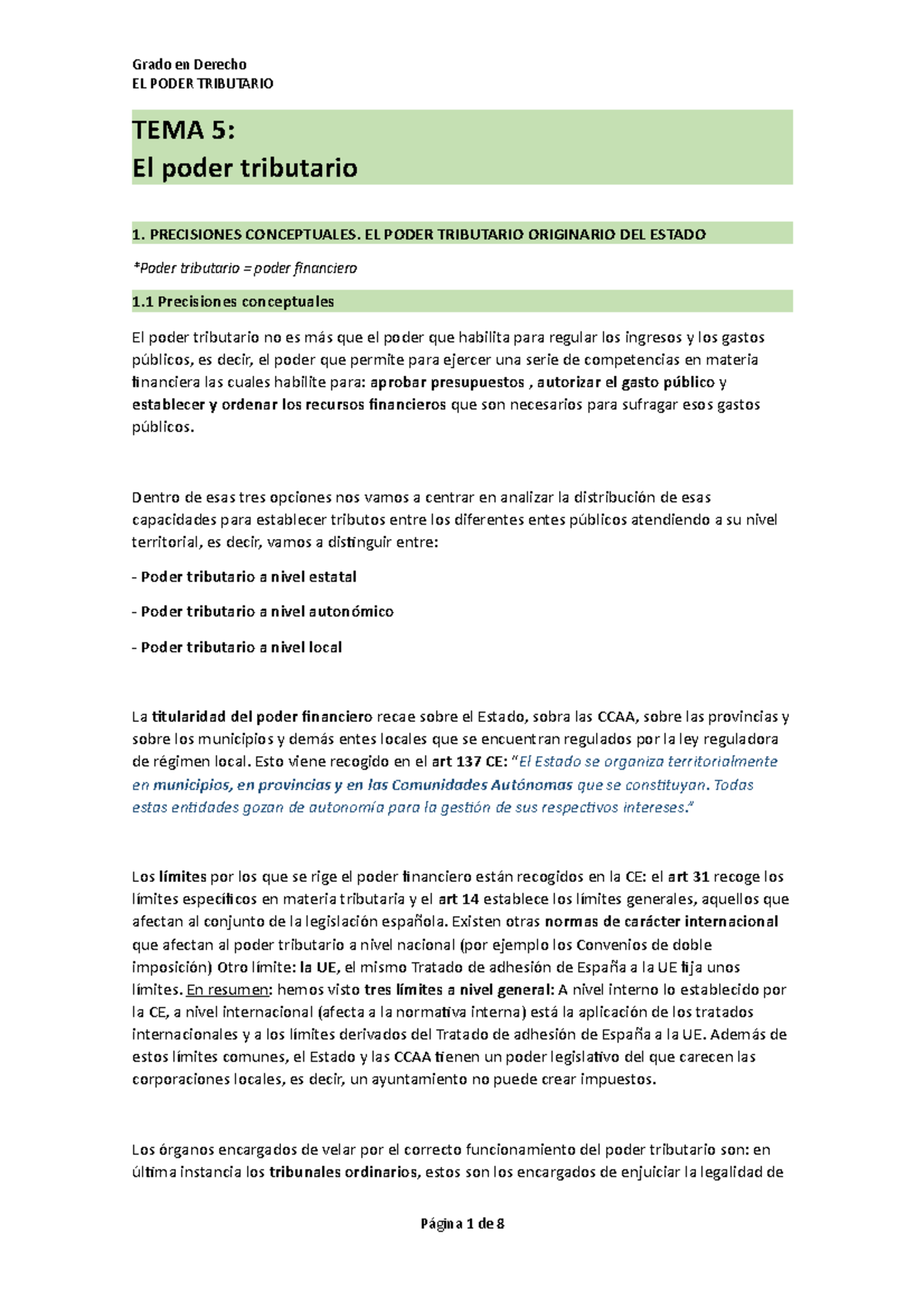 Tema 5 - Apuntes 5 - EL PODER TRIBUTARIO TEMA 5: El poder tributario 1 ...