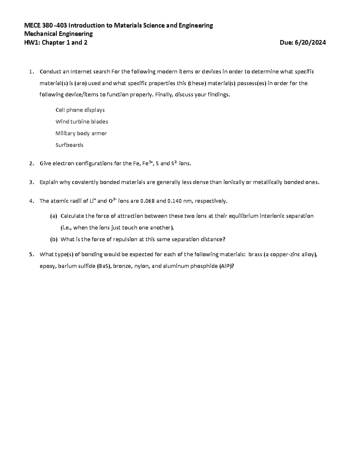 HW1 - materials assignment - MECE 380 -403 Introduction to Materials Science and Engineering ...