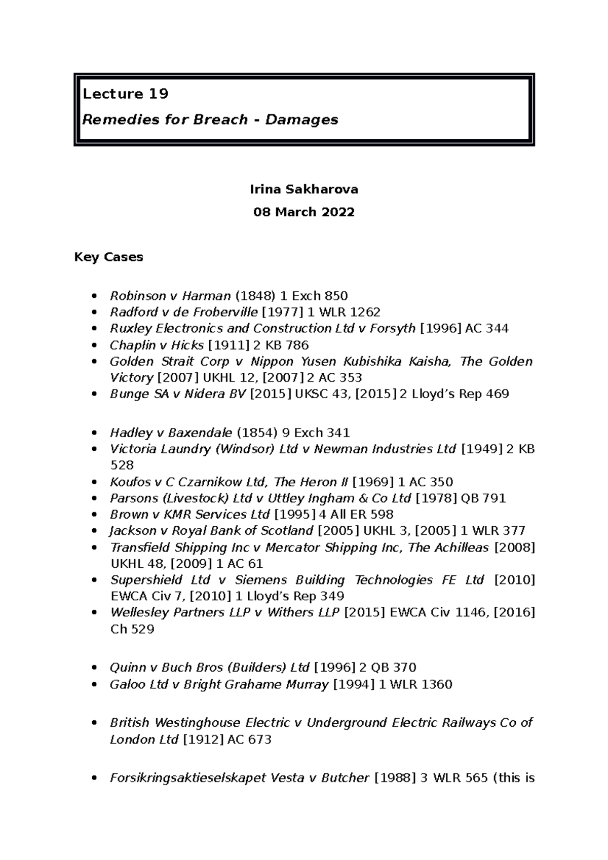 Lecture 19 - Damages - Lecture 19 Remedies for Breach - Damages Irina ...