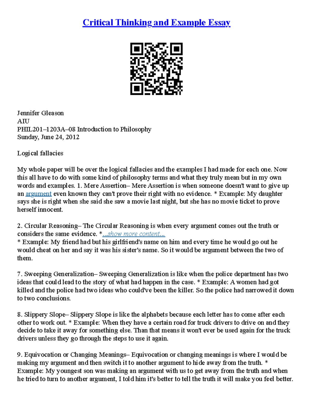 Critical Writing Essay Example - Critical Thinking and Example Essay ...