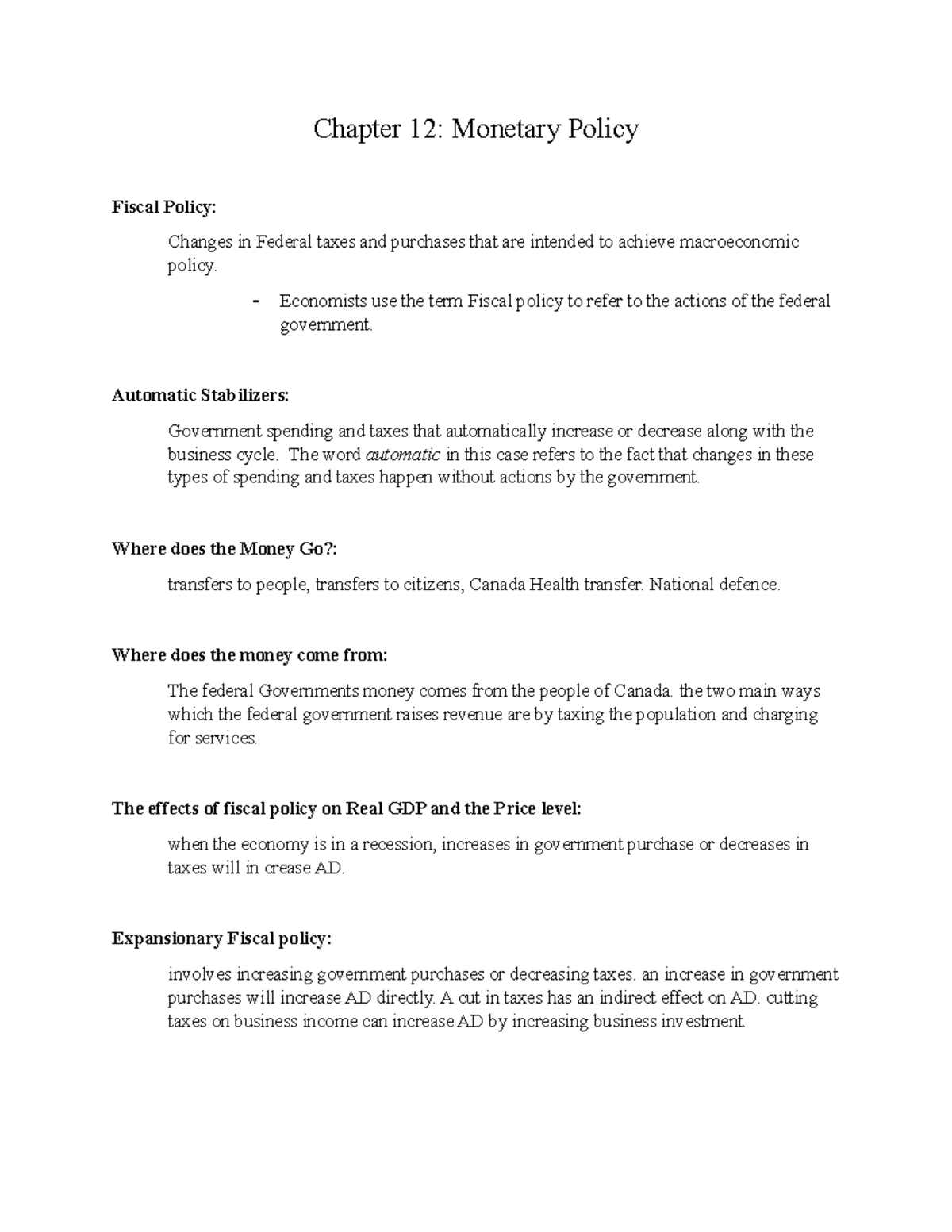Chapter 12 Notes (1BB3 Intro to Macroeconomics) - Chapter 12: Monetary ...