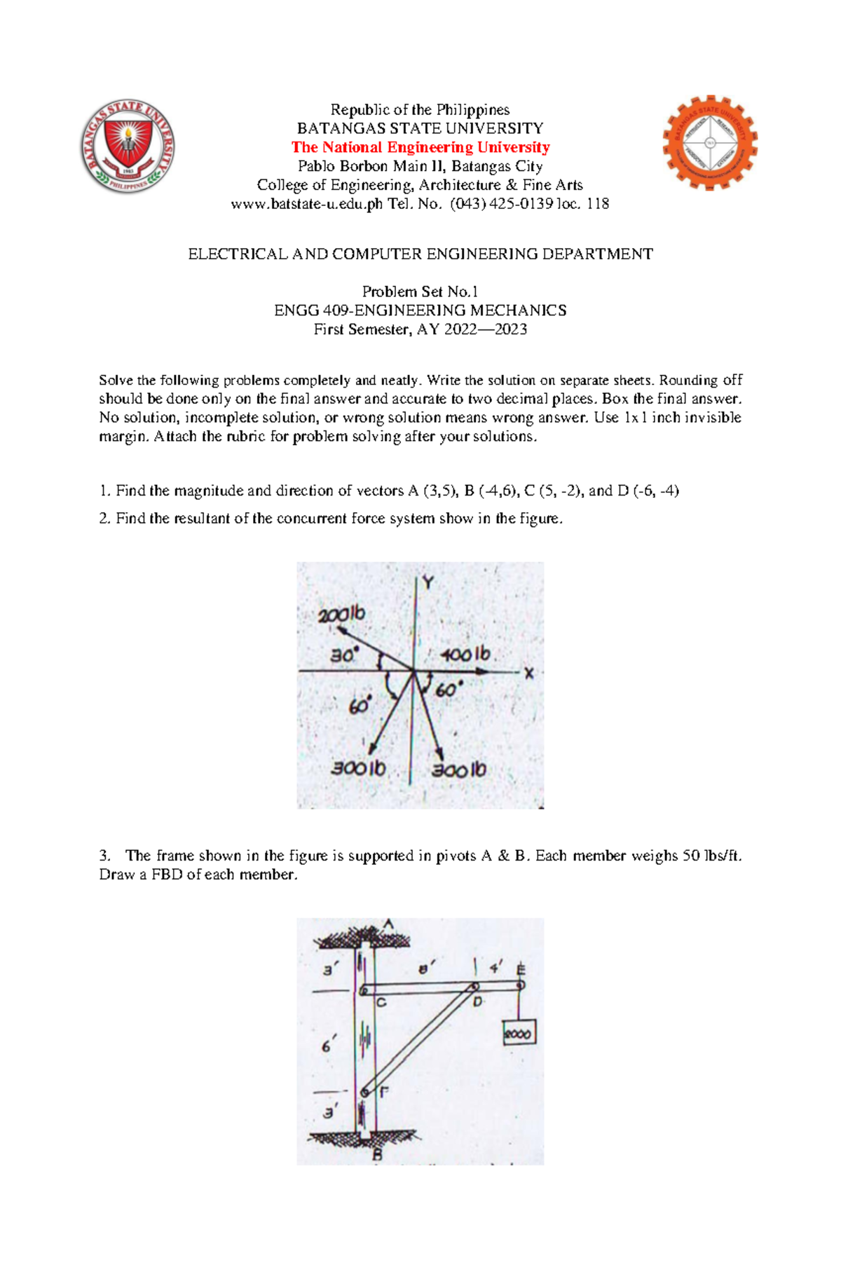 Problem Set I. Engineering Mechanics.docx - Republic of the Philippines ...