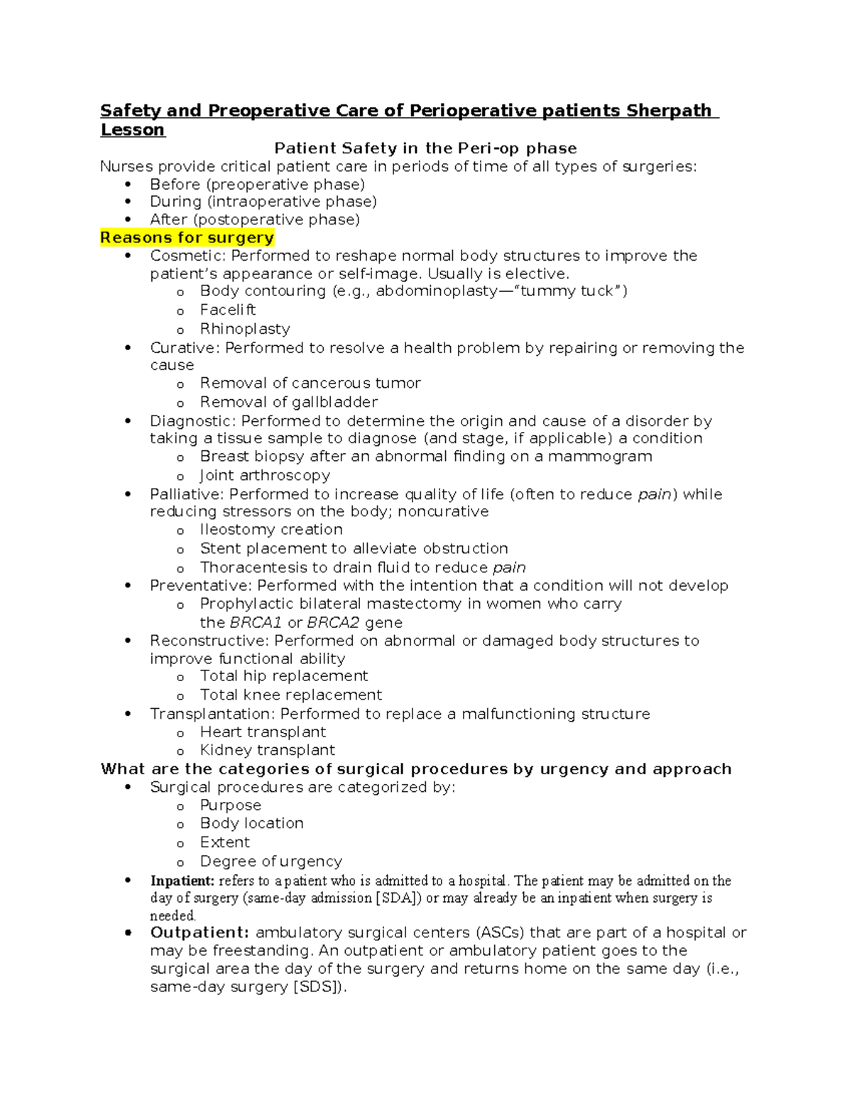 Safety and Preoperative Care of Perioperative patients Sherpath Lesson ...