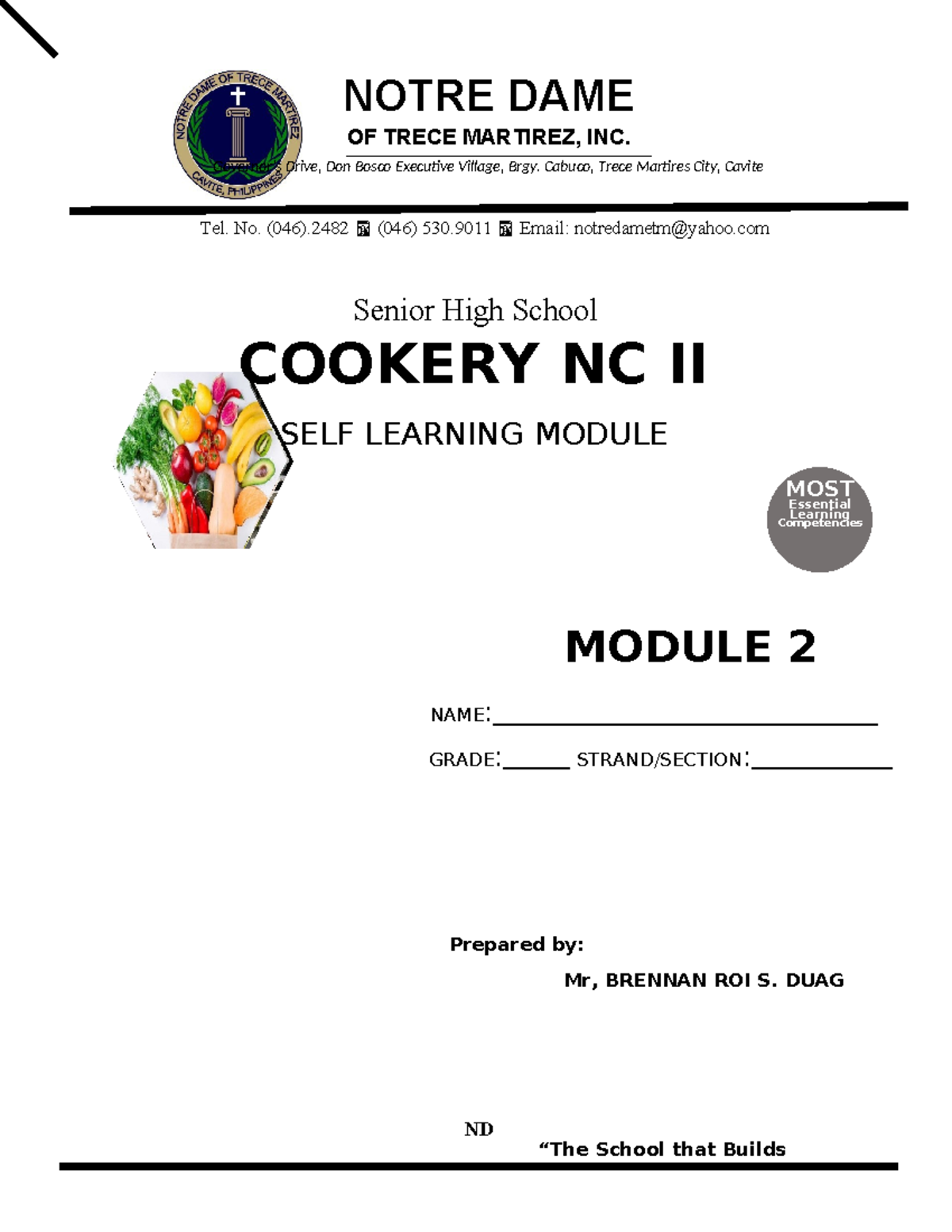 Grade 8 Cookery - MOST Essential Learning Competencies ND “The School ...