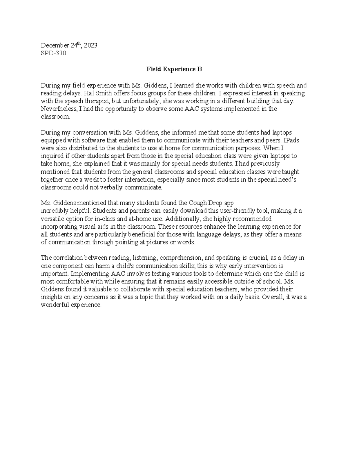 Field Experience B - December 24th, 2023 SPD- Field Experience B During ...