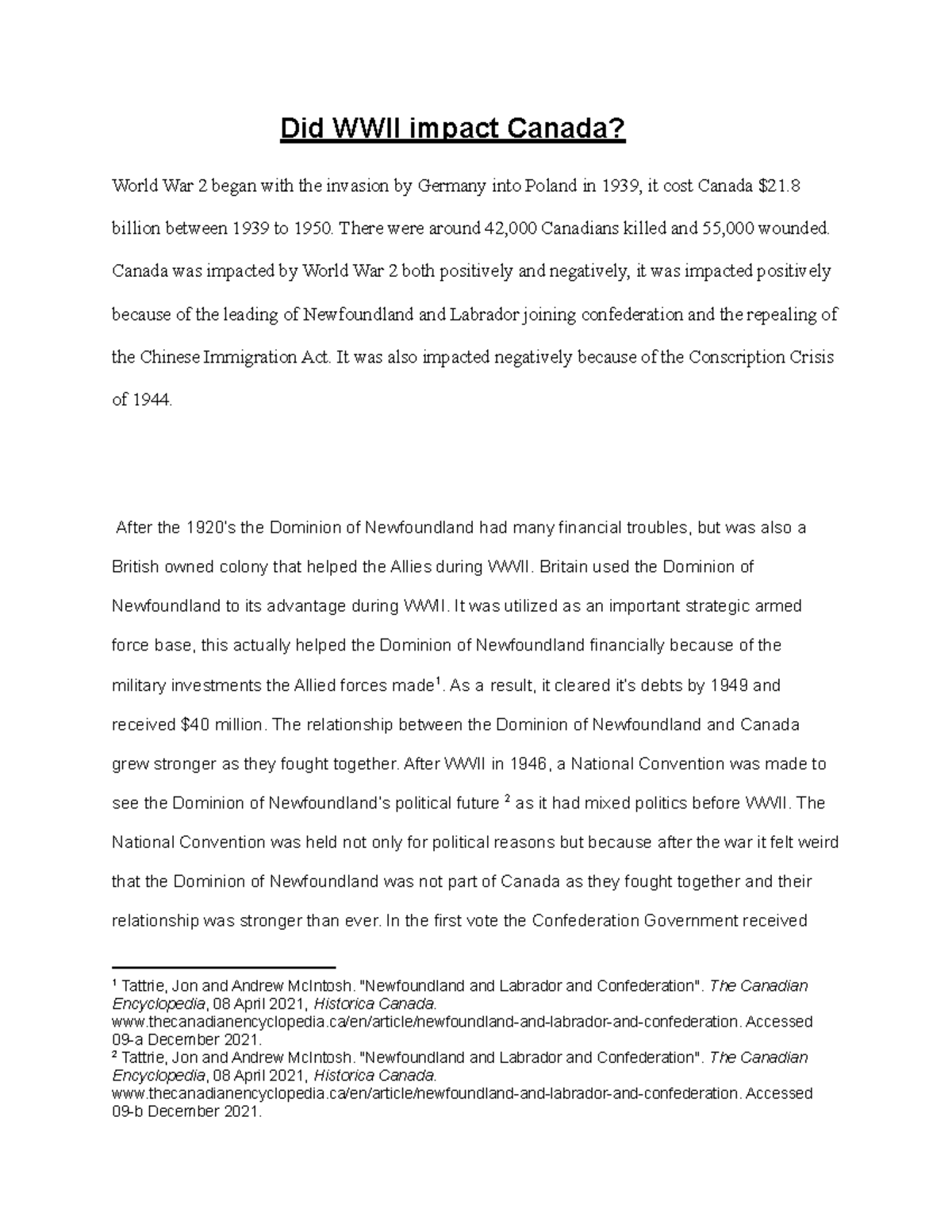 Canadian History CHC2D Essay Project - Did WWII impact Canada? World ...