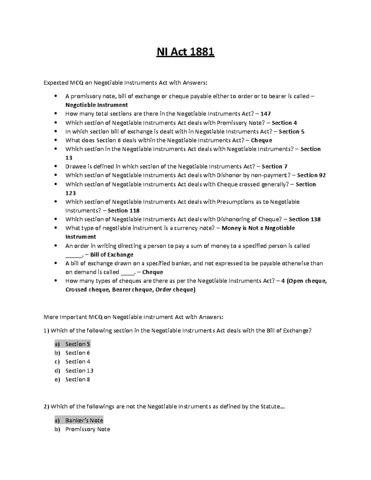 NI Act 1881 - practice - NI Act 1881 Expected MCQ on Negotiable Instruments Act with Answers: A ...