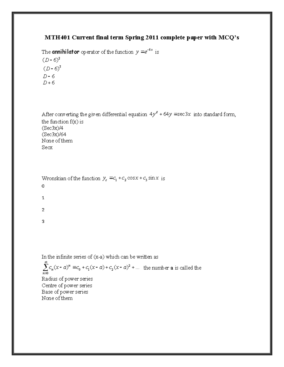 MTH401Currentfinalterm Spring 2011 completepaperwith MCQ - MTH401 ...