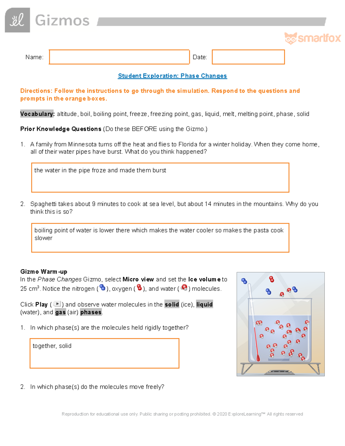 Copy of Phase Changes SE - Name: Date: Student Exploration: Phase ...