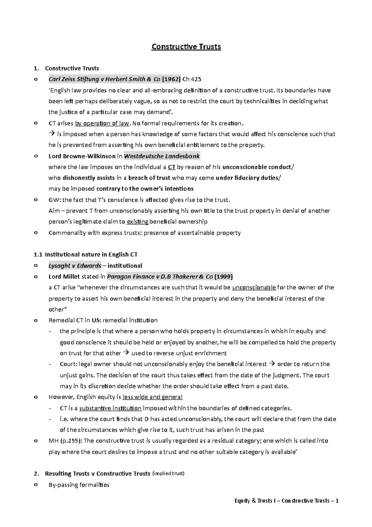 Equity 2 Constructive Trusts - Constructive Trusts 1. Constructive ...