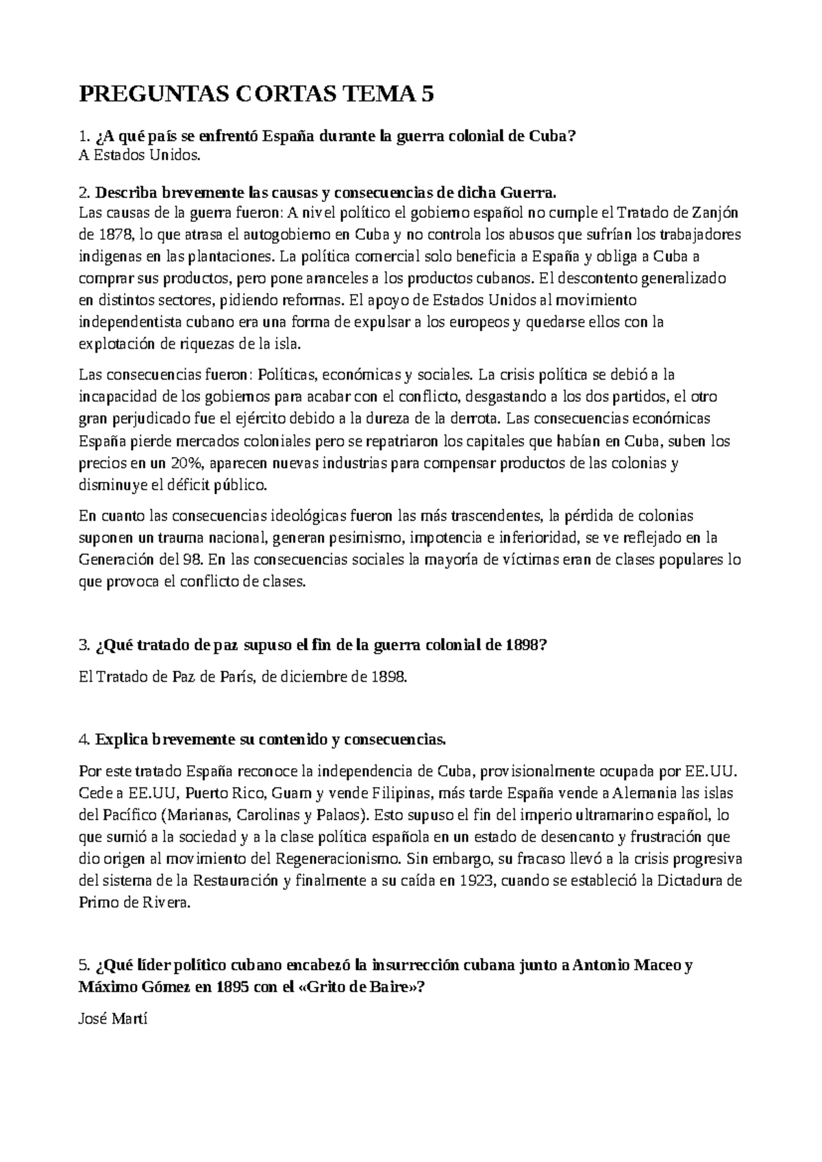Preguntas cortas Historia de España Tema 5: Guerra Colonial y Crisis del 98 - PREGUNTAS CORTAS ...