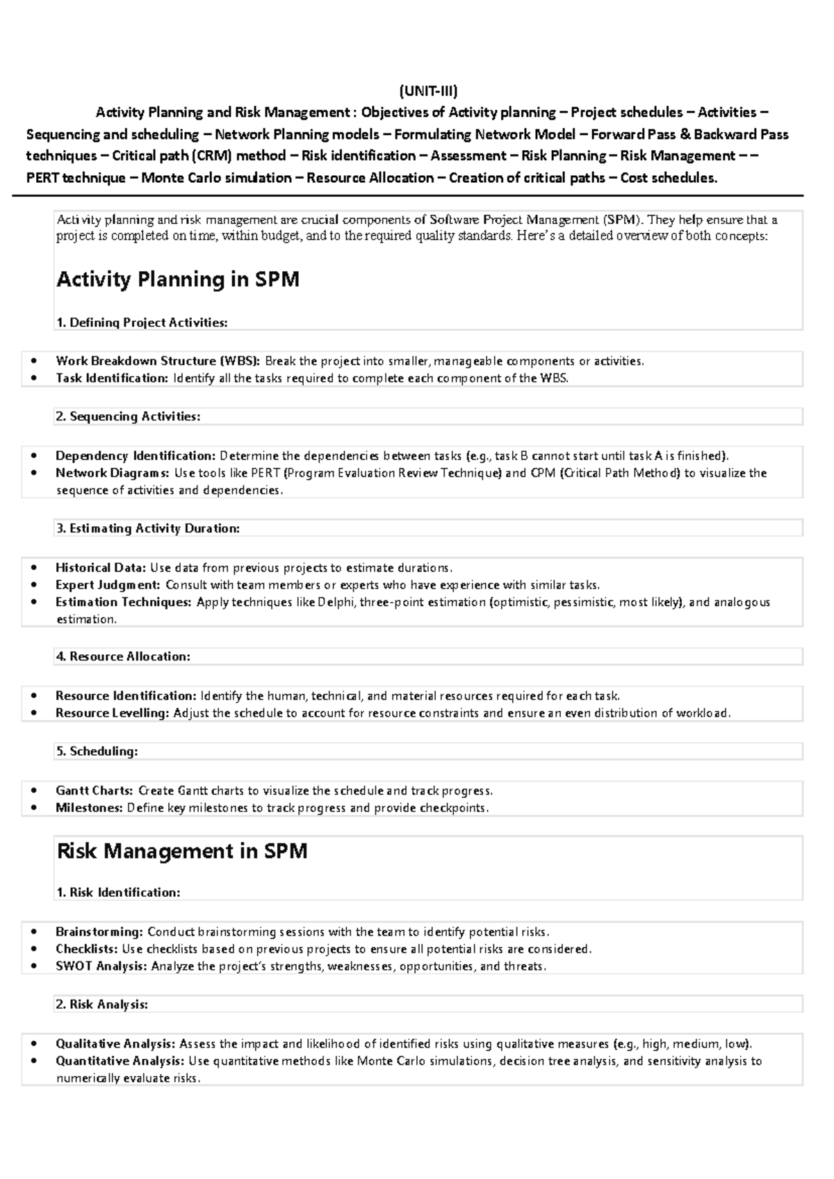 UNIT-3, SPM Notes(RB) - (UNIT-III) Activity Planning and Risk ...