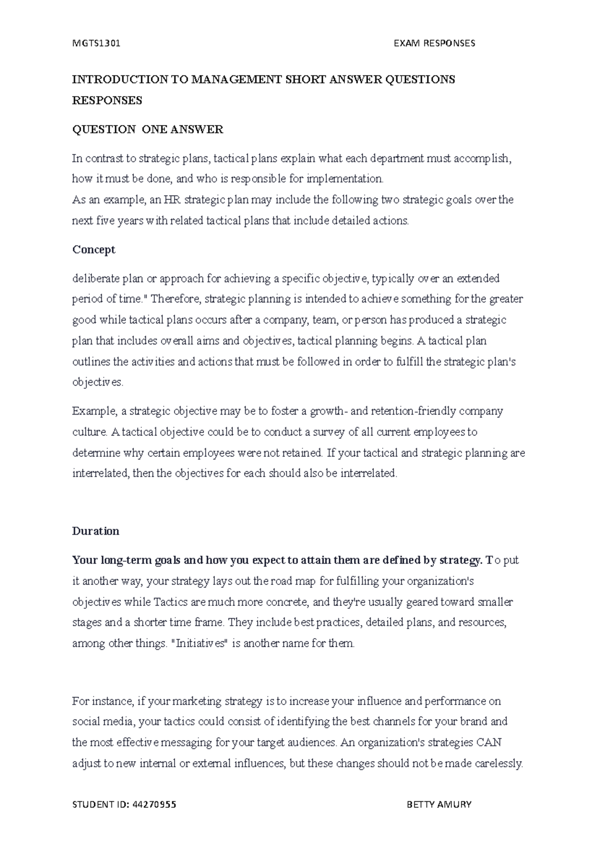 Introduction TO Management Short Answer Questions Responses ...