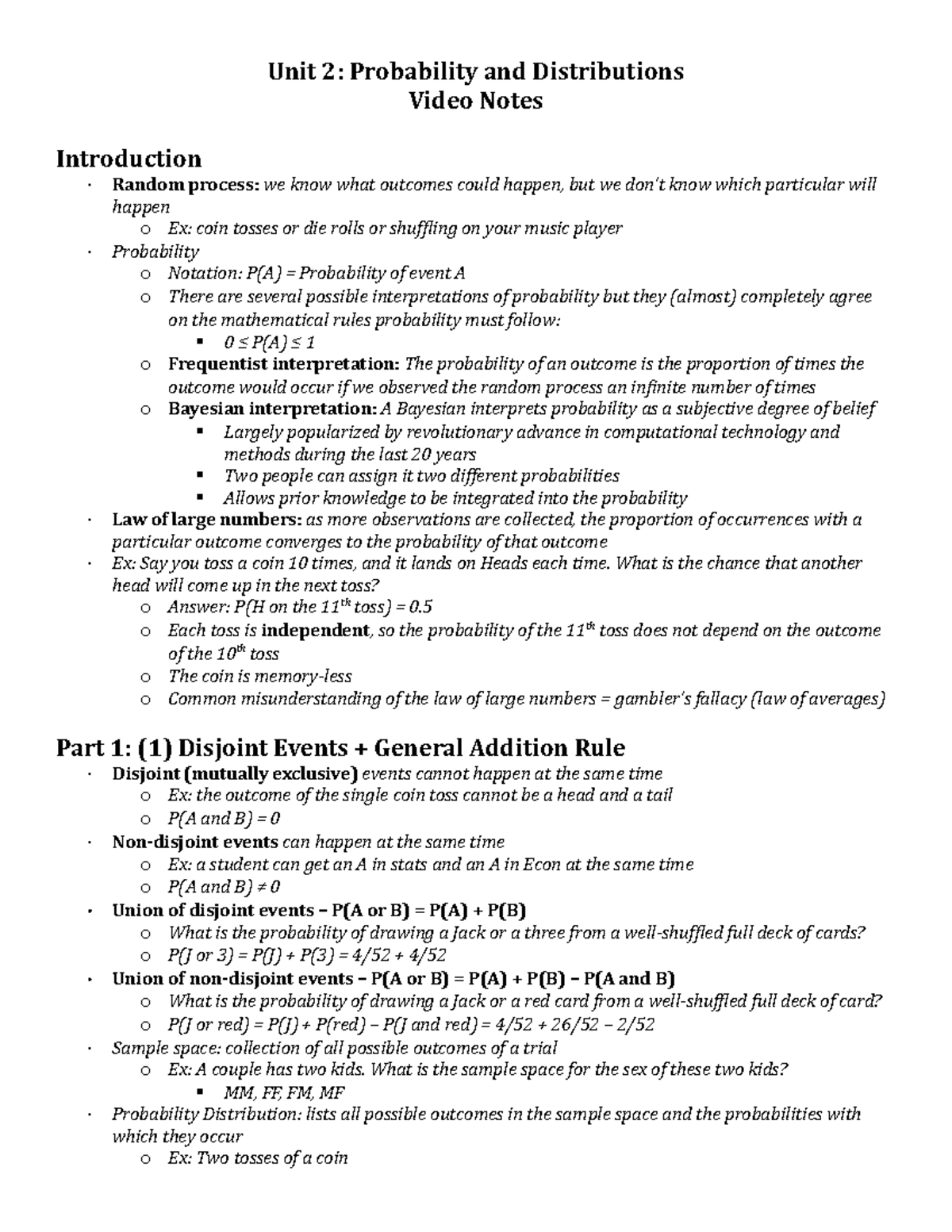 Stats Unit 2 Video Notes - Unit 2: Probability and Distributions Video ...
