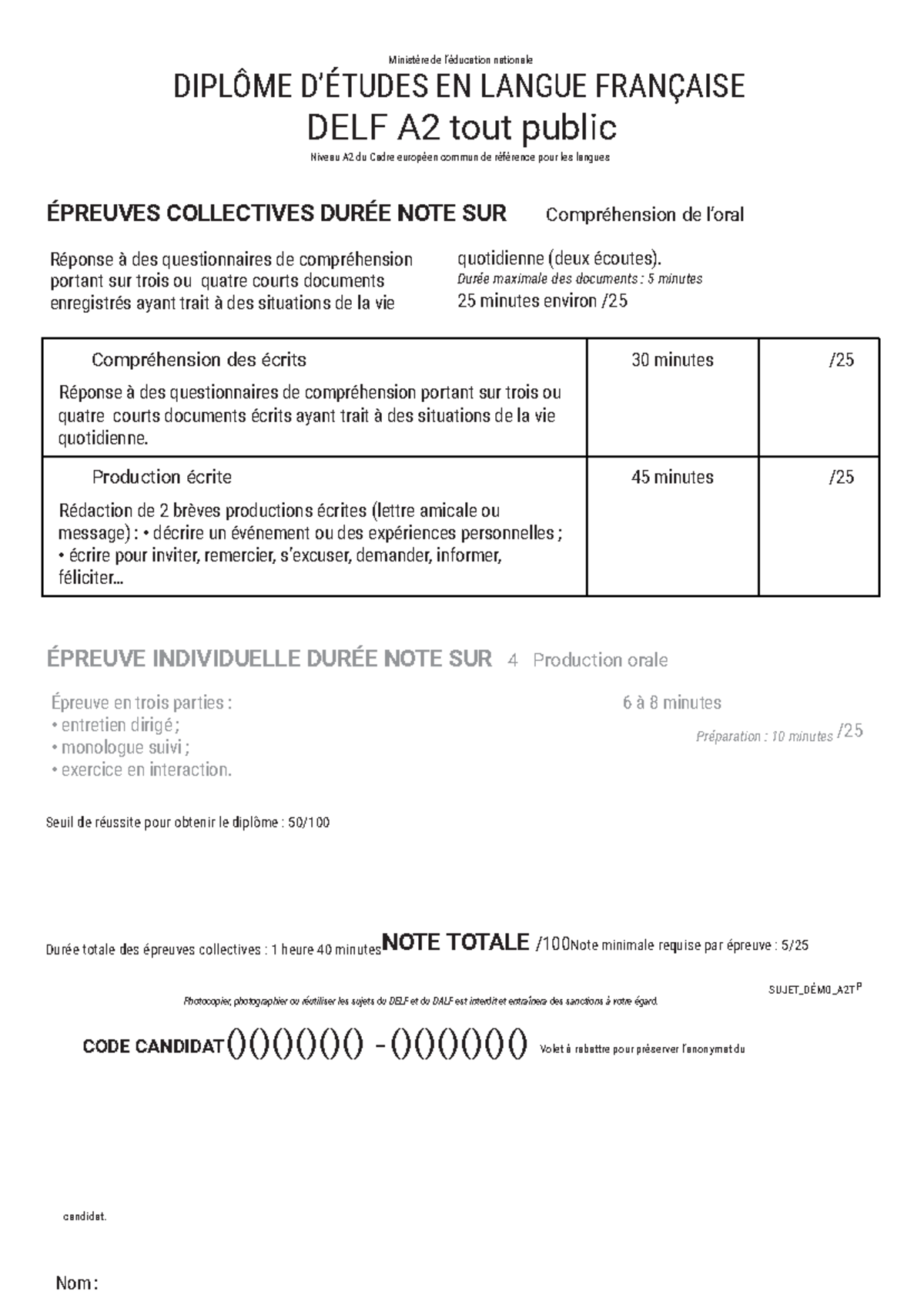 DELF A2 sujet exemple - Ministère de l’éducation nationale DIPLÔME D ...