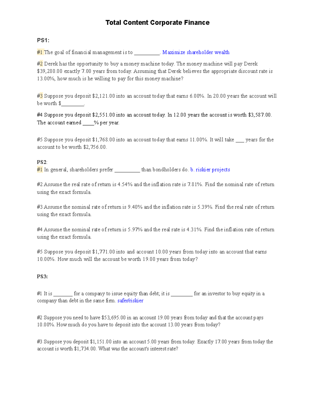 Godbey FIN3060 Clemson Exam 1 notes - PS1: #1 The goal of financial ...