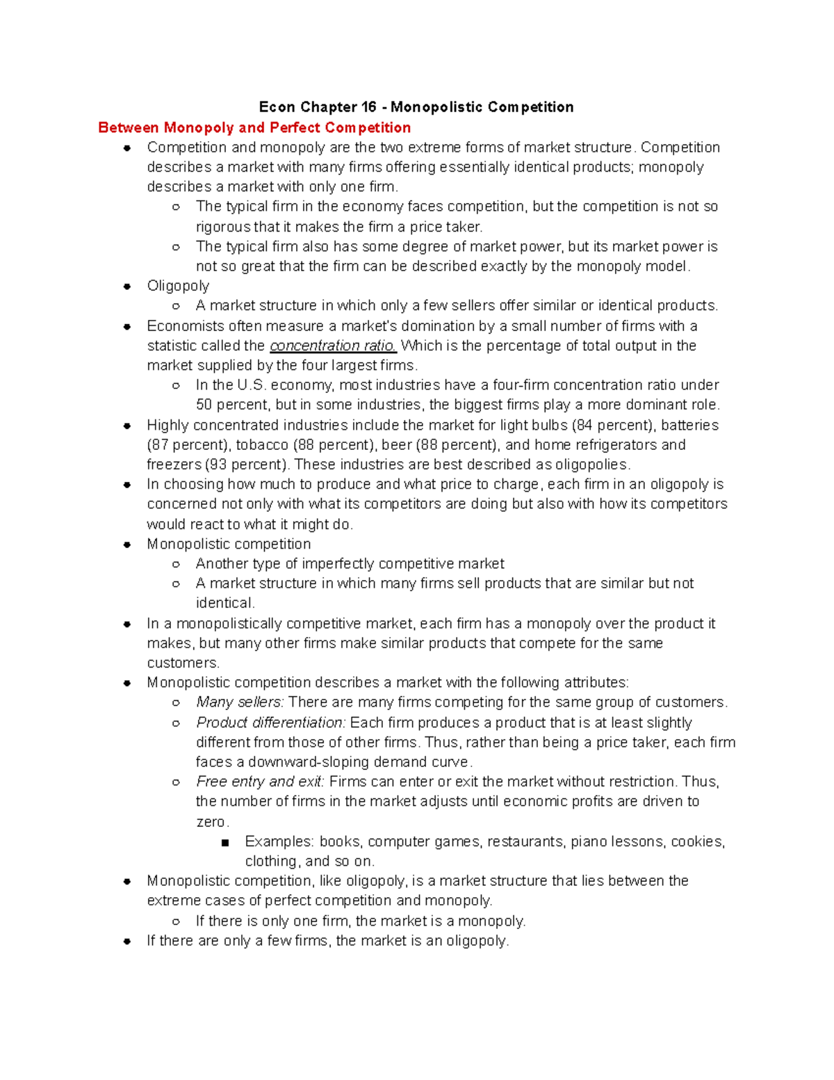 Monopolistic Competition - Econ Chapter 16 - Monopolistic Competition ...