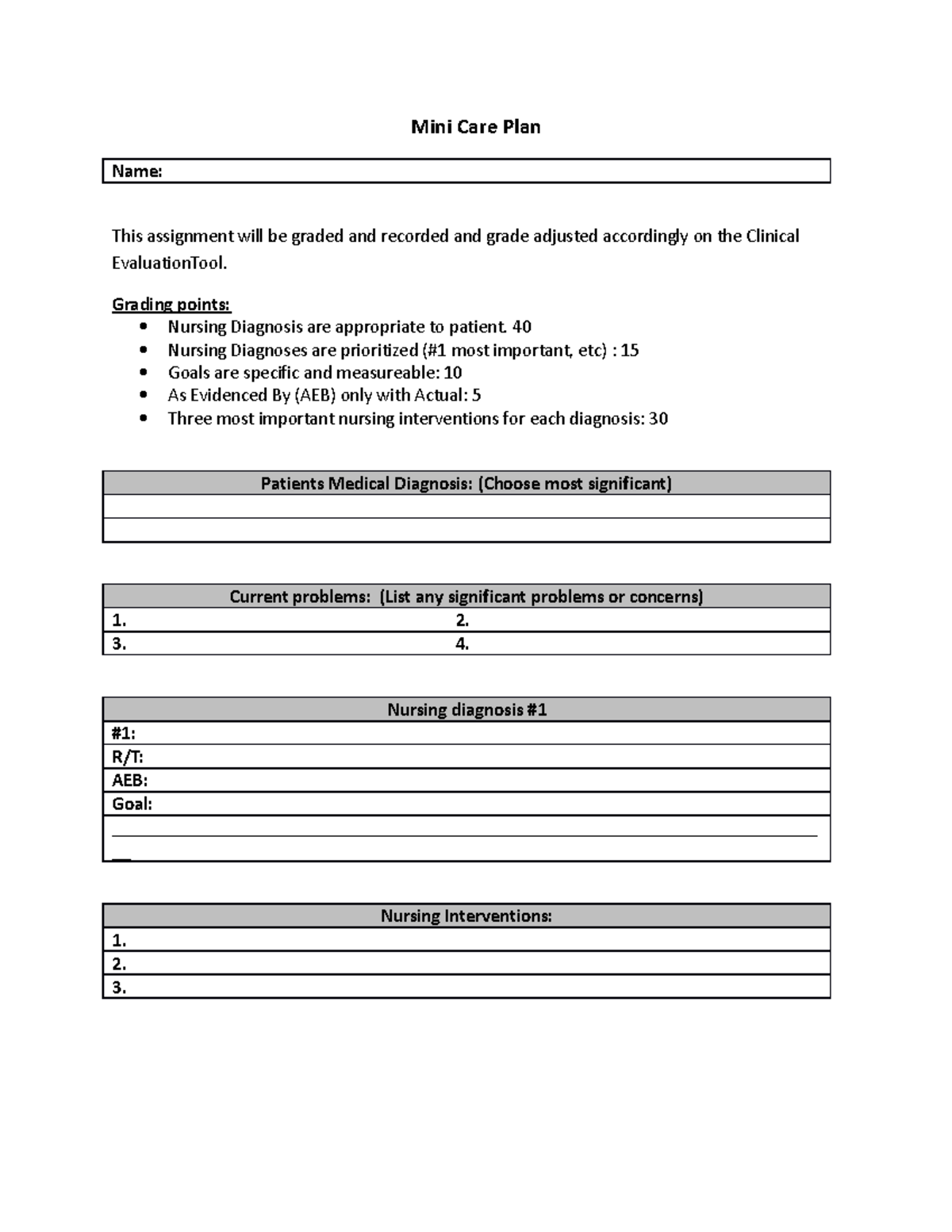 Major Care Plan - Mini Care Plan - Mini Care Plan Name: This assignment ...