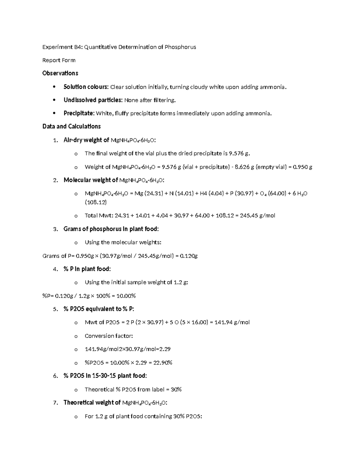 Lab B4 report - 100% - Experiment B4: Quantitative Determination of ...