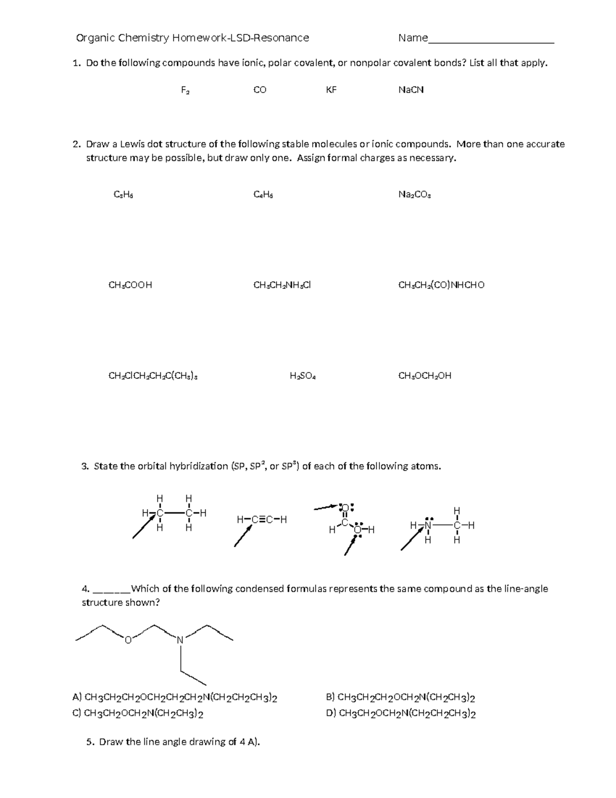 HW LDS Resonance - 2024 - Organic Chemistry Homework-LSD-Resonance Name