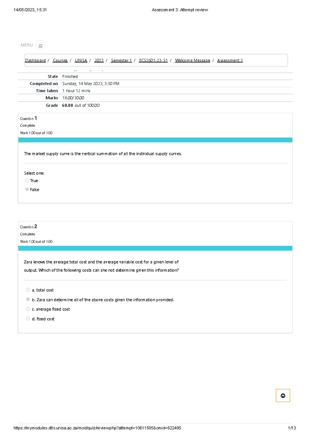 Assessment 3 Attempt review - Started on Sunday, 14 May 2023, 2:17 PM ...