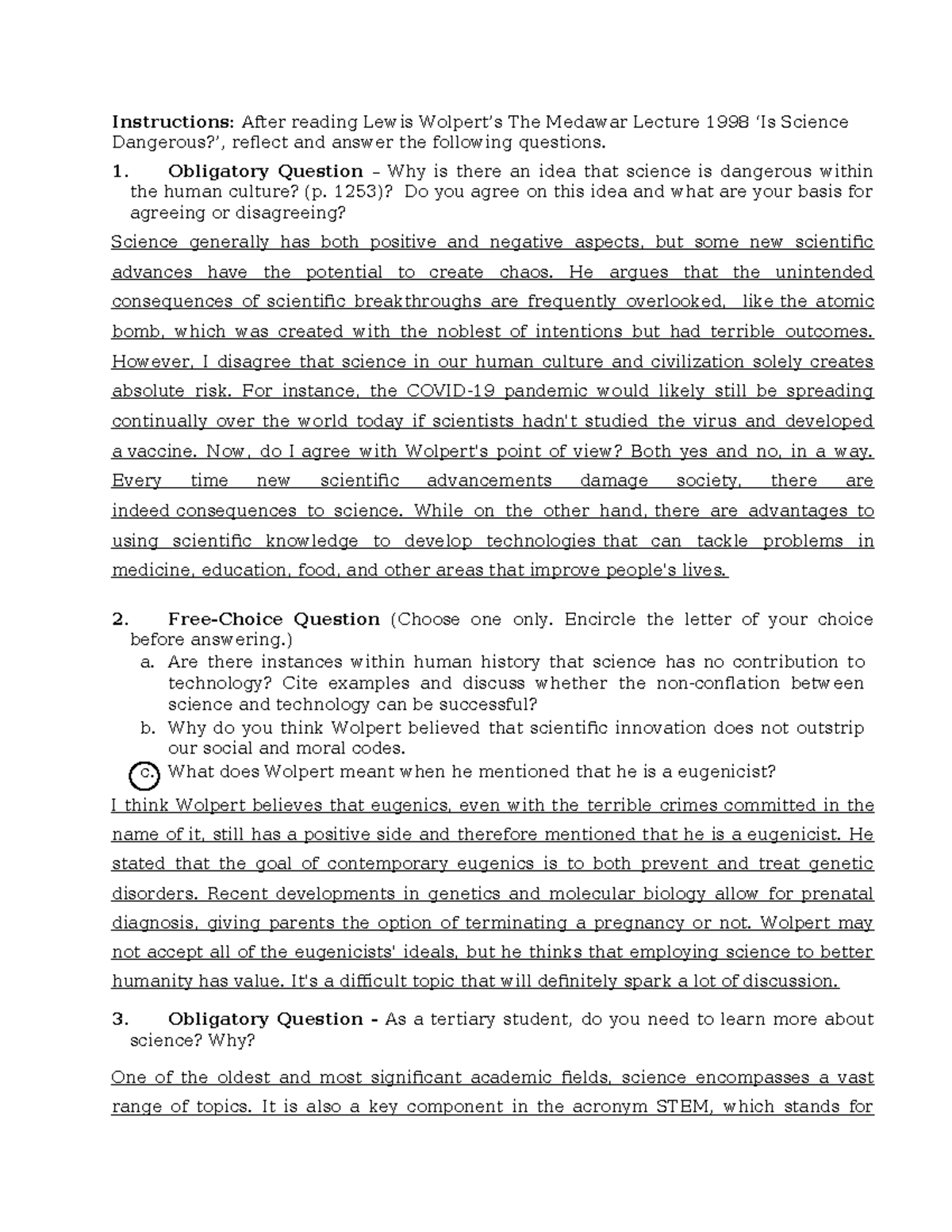 MRR 1 - Comprehension Check - Instructions: After reading Lewis Wolpert ...