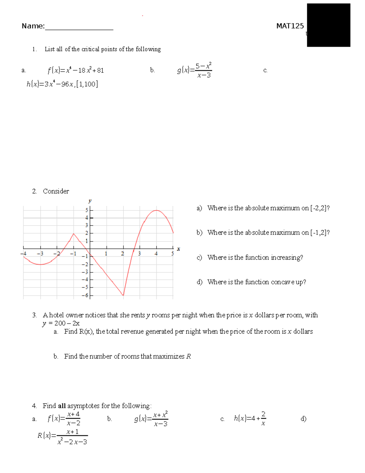 MAT125 unit3 Review Max & Min, Derivatives - Name ...