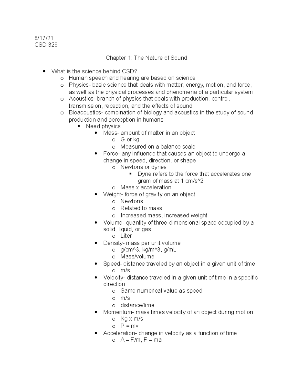 Ch 1 Part 1 The Nature of Sound - 8/17/ CSD 326 Chapter 1: The Nature ...