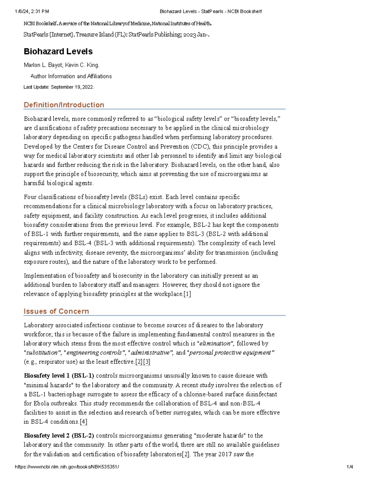 Biohazard Levels - Stat Pearls - NCBI Bookshelf - NCBI Bookshelf. A ...