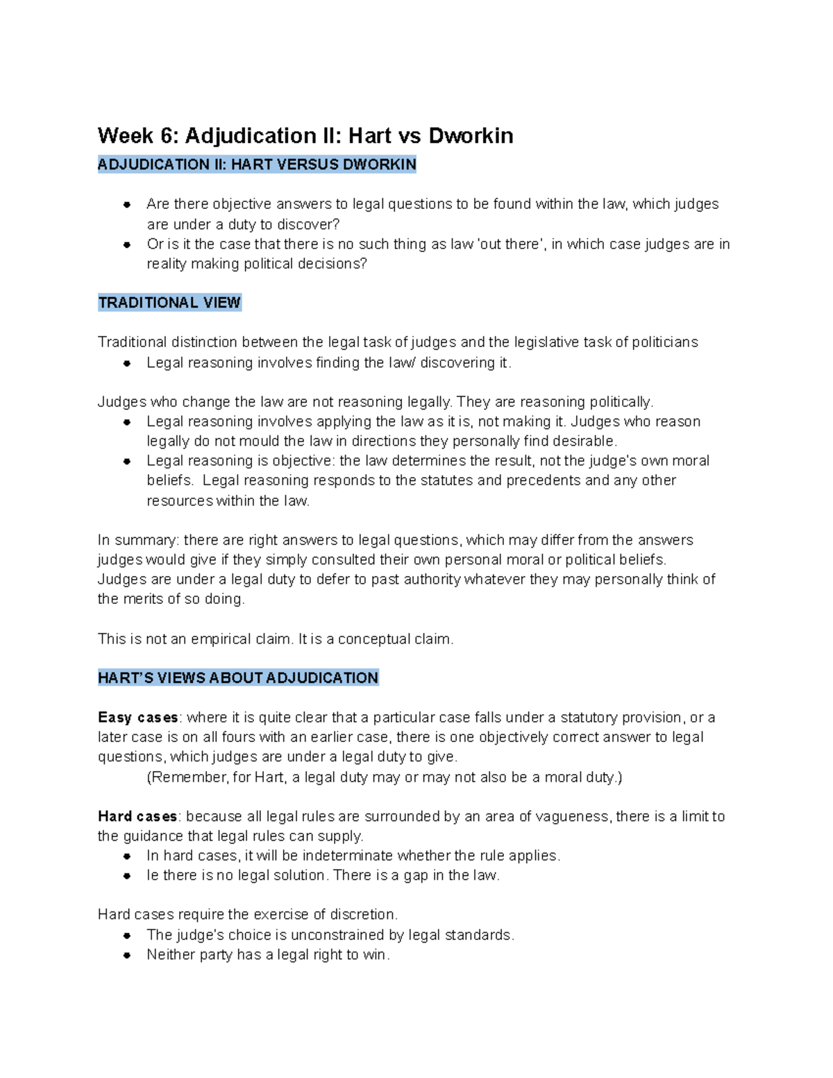 Jurisprudence Lectures Week 6 - 12 - Week 6: Adjudication II: Hart vs ...