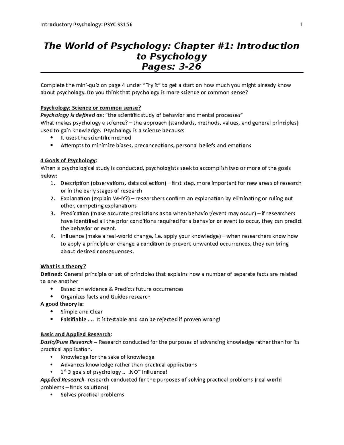 Chapter#1 - introduction to Psychology - PSYCSS156 - Mohawk College ...