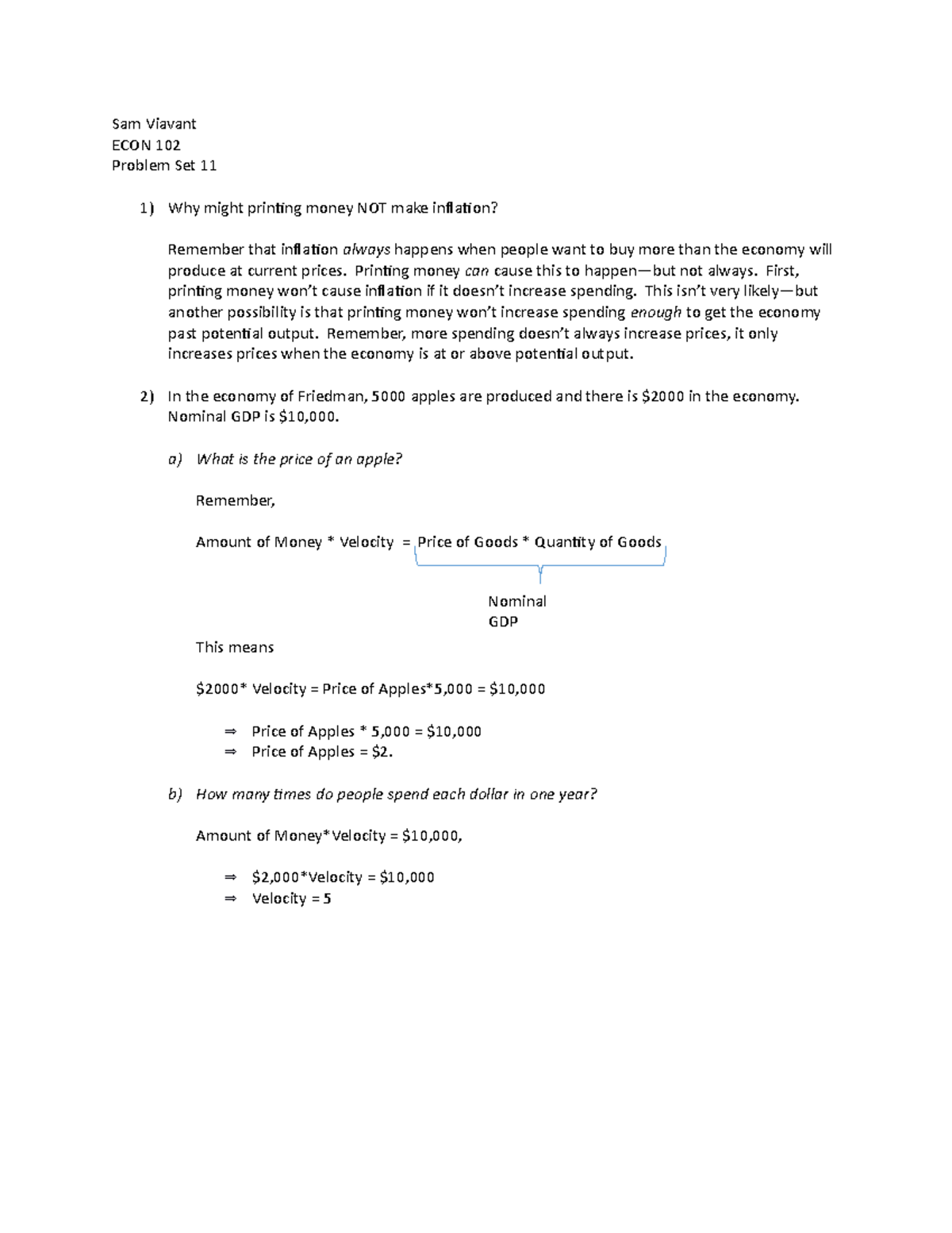 102 Problem Set 11 Inflation Causes Solutions - Sam Viavant ECON 102 Problem Set 11 Why might ...