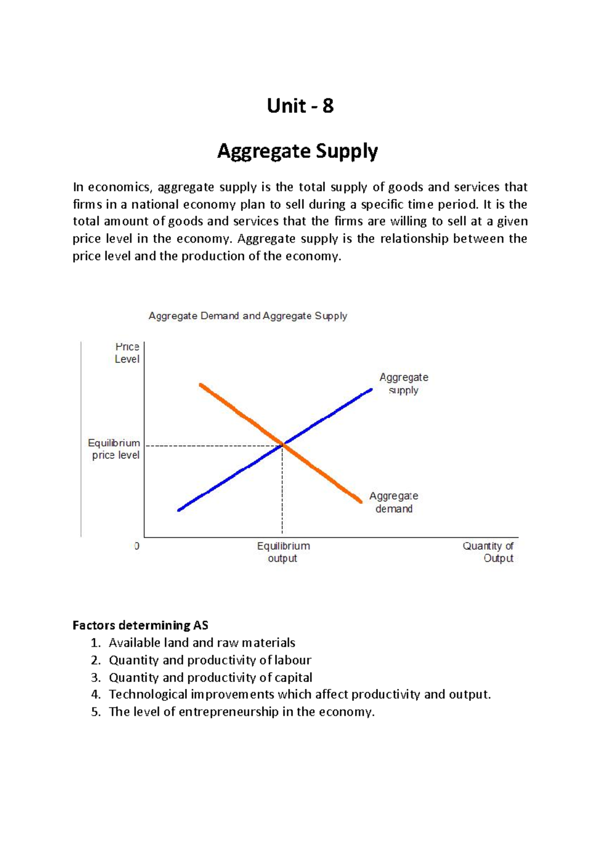 Aggregate Supply Notes - Unit - 8 Aggregate Supply In economics ...