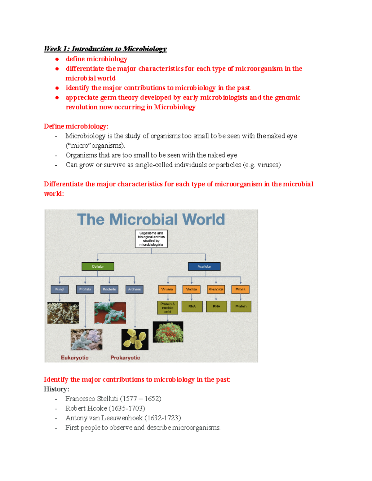 Microbiology notes - Weeks 1-5 - Week 1: Introduction to Microbiology ...