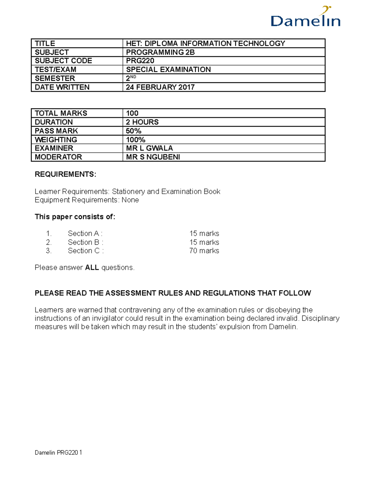 Programming 2B Special Exam - TITLE HET: DIPLOMA INFORMATION TECHNOLOGY SUBJECT PROGRAMMING 2B ...