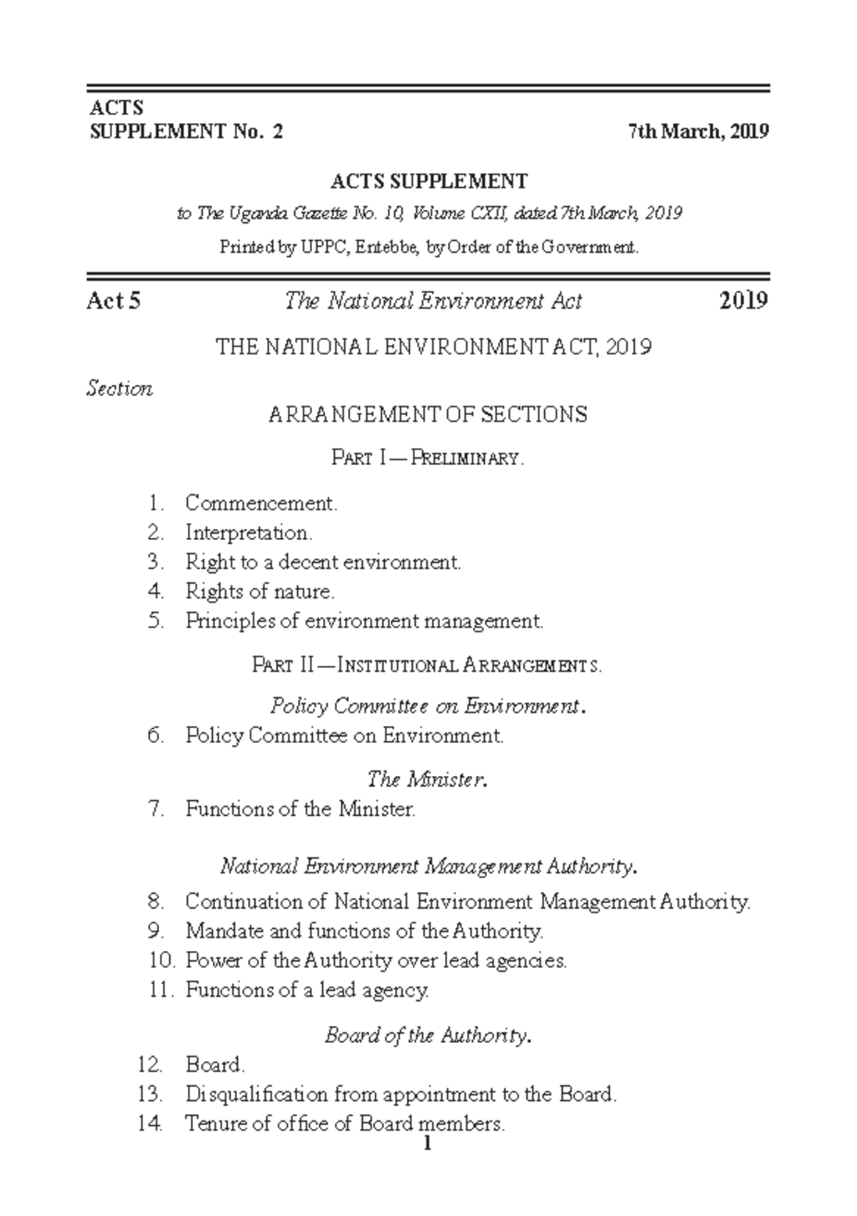 National Environment Act, No. 5 of 2019 - ACTS SUPPLEMENT No. 2 7th ...
