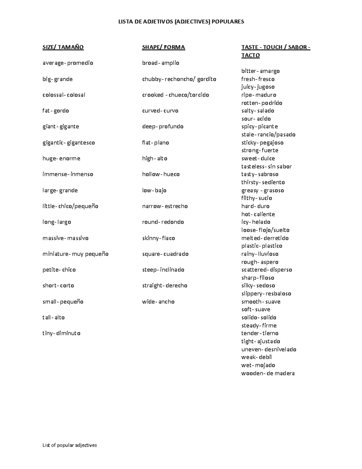 Lista de adjetivos - LISTA DE ADJETIVOS (ADJECTIVES) POPULARES List of ...