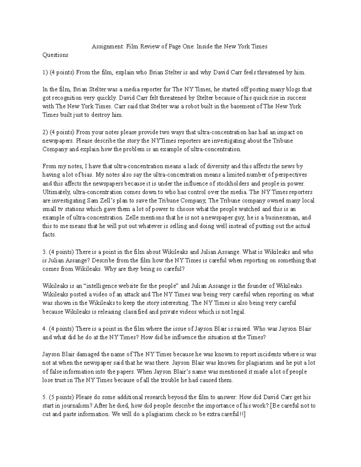 film review questions and answers - Assignment: Film Review of Page One ...