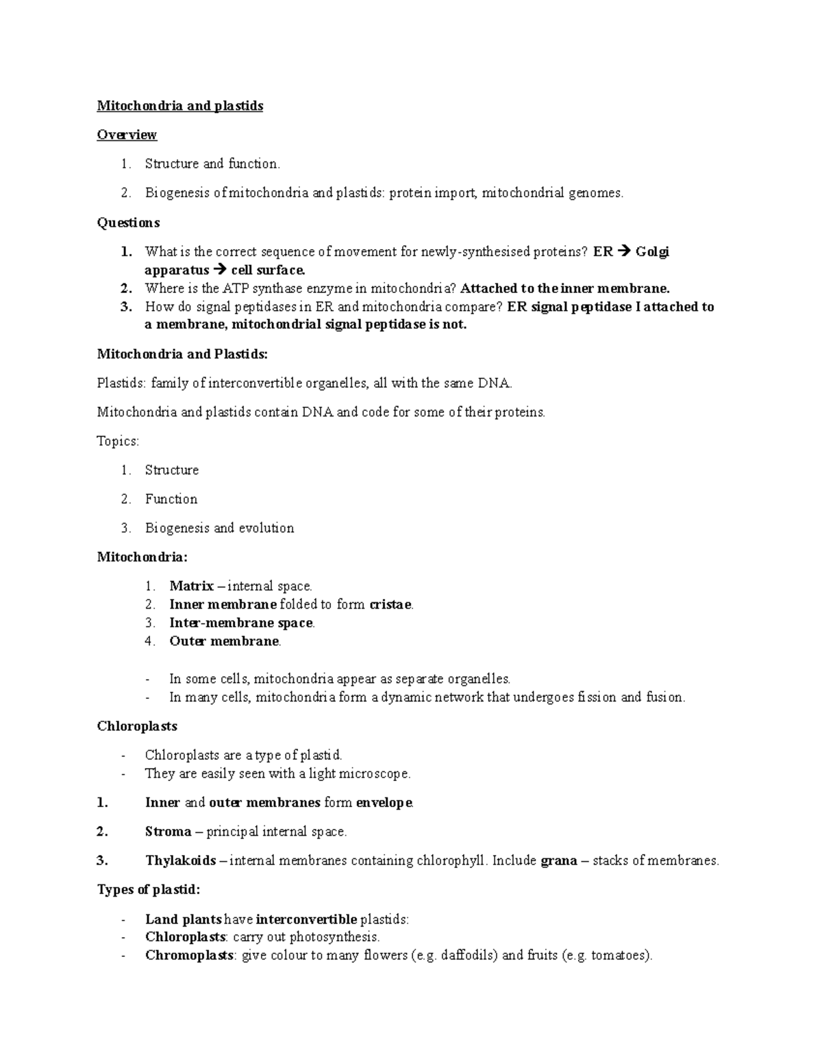L10 - Mitochondria and plastids - Mitochondria and plastids Overview ...