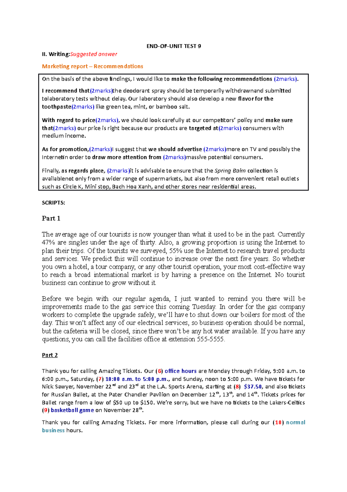 EOU TEST 9- Writing- Scripts - END-OF-UNIT TEST 9 II. Writing:Suggested ...