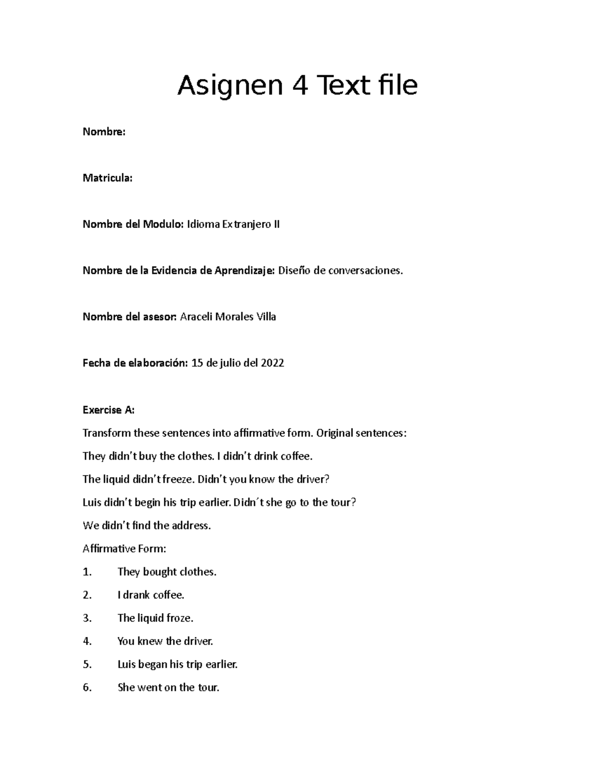 U2 sentences - Asignen 4 Text file Nombre: Matricula: Nombre del Modulo ...