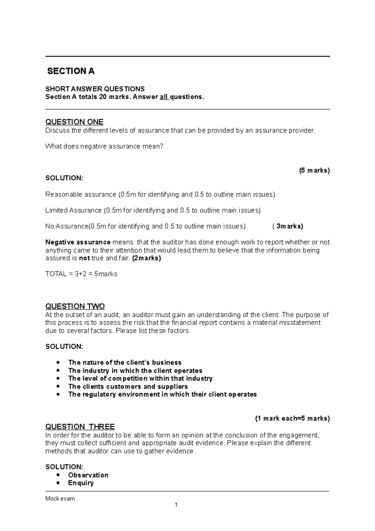 Sample/practice exam 2013, questions and answers - SECTION A SHORT ...