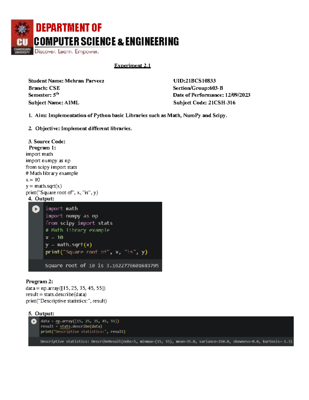 5 - WORKSHEETS - DEPARTMENT OF COMPUTER SCIENCE & ENGINEERING Experiment 2. Student Name: Mehran ...