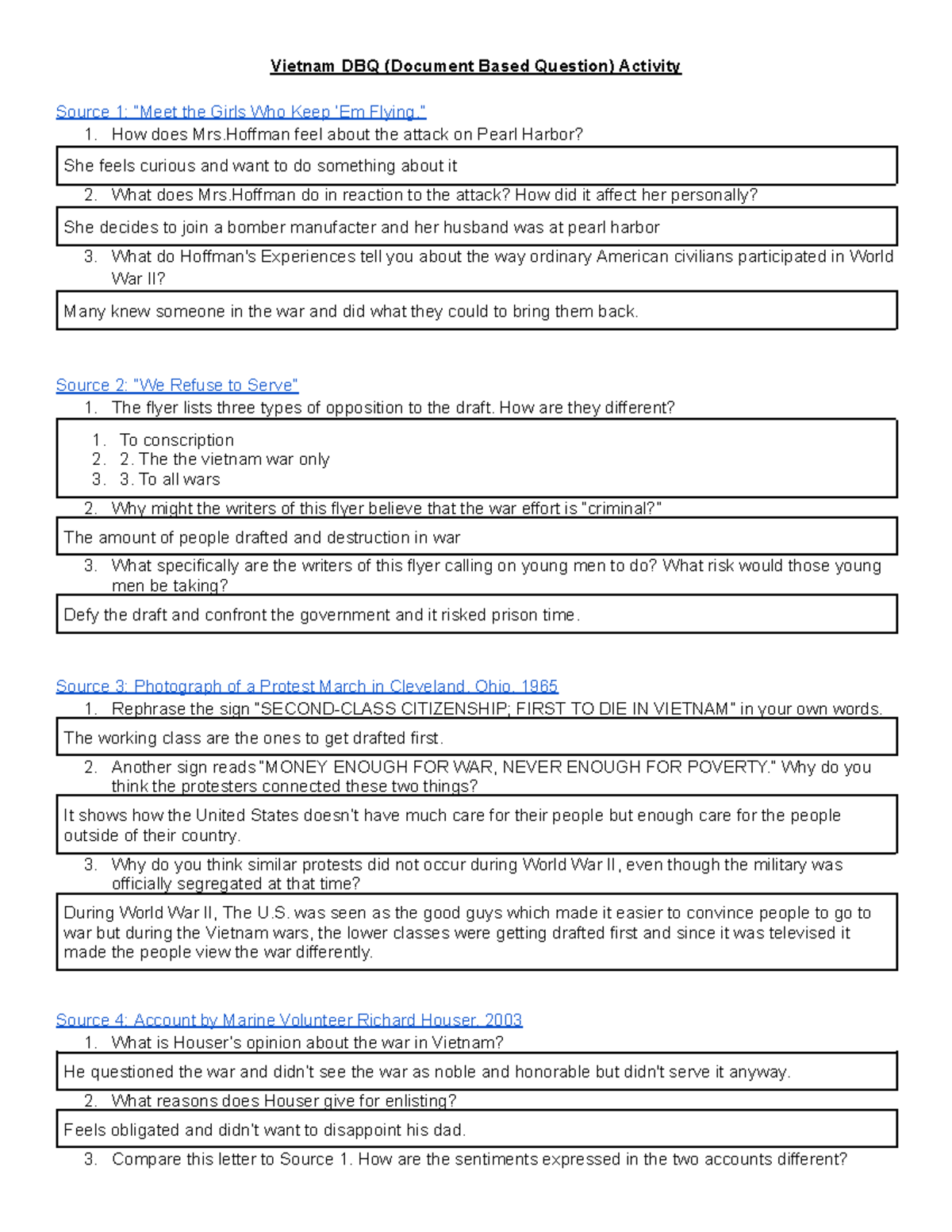 Vietnam DBQ (Document Based Question) Activity - ” How does Mrs feel ...